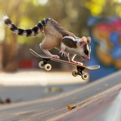 A Sugar Glider on a skateboard performing tricks in an urban park ...