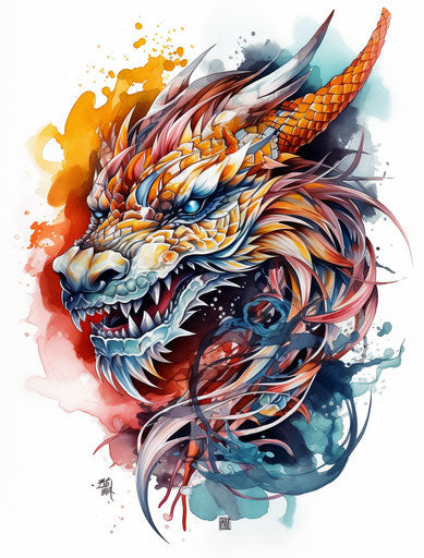 Hand crafted Chinese dragon tattoo in colorful absurdism style – IMAGELLA