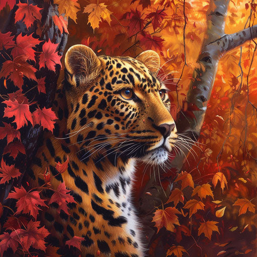 Striking contrast: Amur leopard's spotted fur against fiery hues of ...