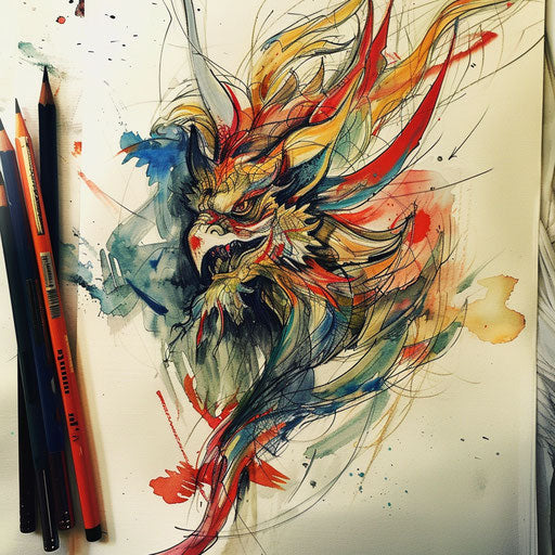 Watercolor tattoo sketch of a Tengu with flowing colors and a ...