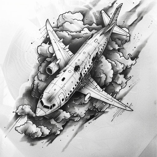 Sketch of dark gothic tattoo of a mysterious ghost plane in the clouds ...