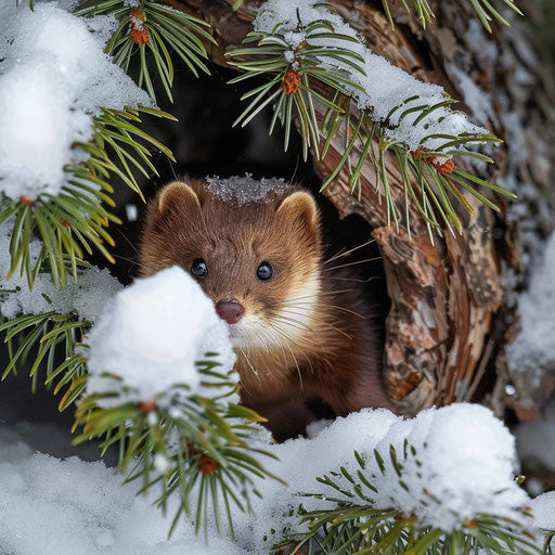 A wild mink cautiously emerging from its den beneath a snow-covered ...