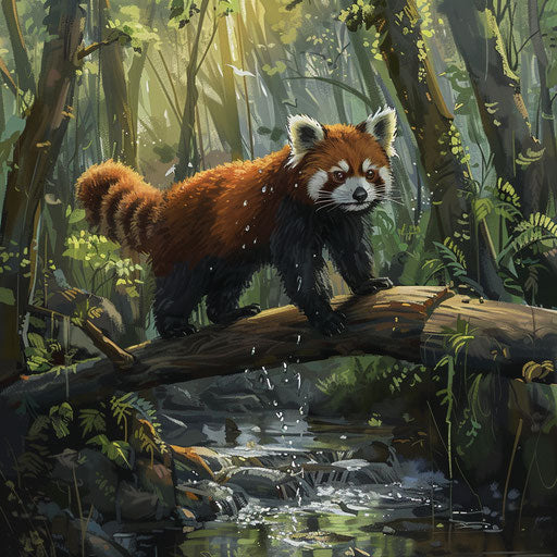 A red panda crossing a wooden bridge over a bubbling brook in the heart ...