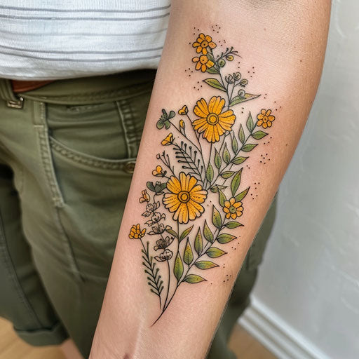Wildflower tattoo on forearm, trailing design, soft greens and yellows ...