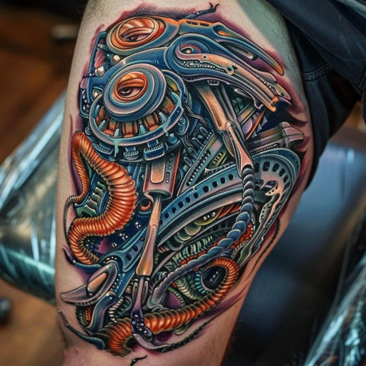 Abstract and colorful biomechanical thigh tattoos for men – IMAGELLA