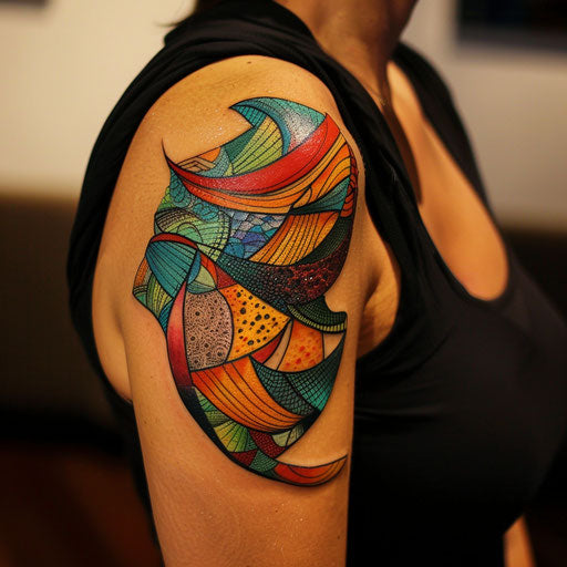 Abstract and colorful shoulder tattoo for women Guy Aitchison style ...