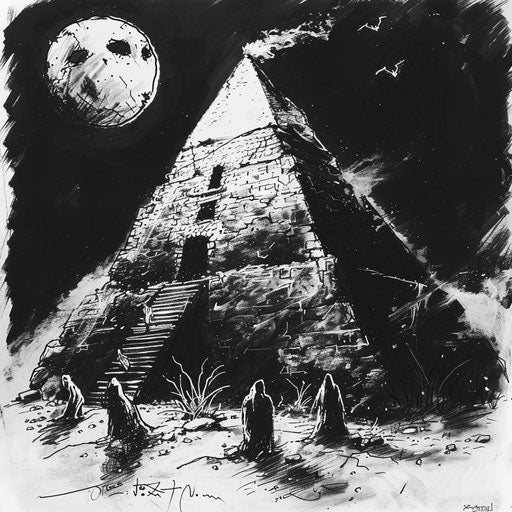 Spooky tattoo sketch of a haunted pyramid at night – IMAGELLA