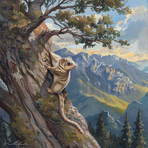 An adventurous mountain pygmy possum climbing a high alpine tree, with ...