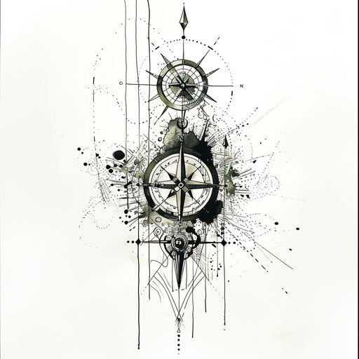 Digital art of an unalome tattoo with compass on white canvas – IMAGELLA