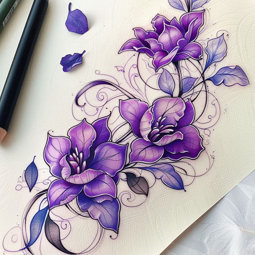 Neo-traditional lilac tattoo with leaf designs – IMAGELLA
