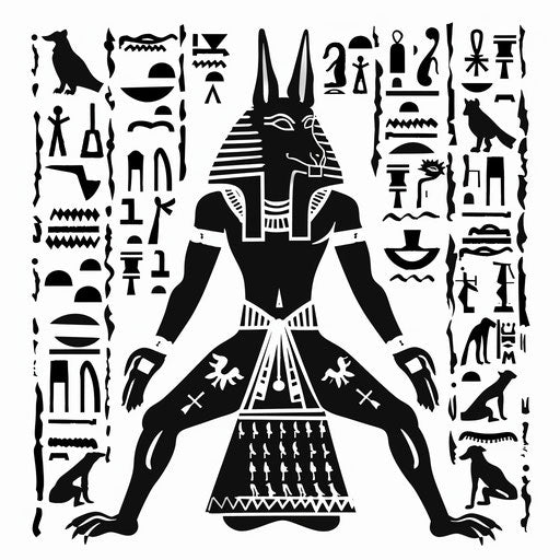 Mythic Anubis stencil surrounded by hieroglyphics on white – IMAGELLA