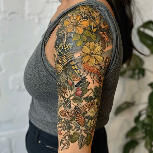 Half sleeve tattoo with detailed insects and exotic plants – IMAGELLA