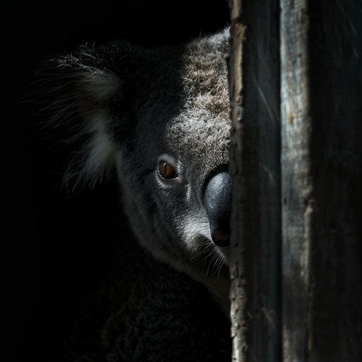 Koala peering from shadows, interplay of light and dark, mysterious ...