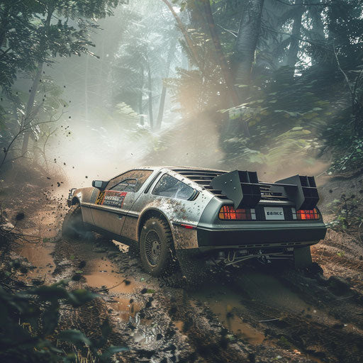 1981 rally-spec DeLorean DMC-12 speeding through muddy, foggy forest ...