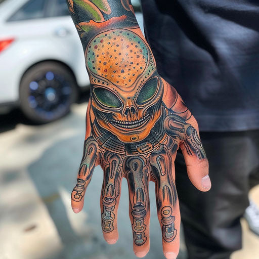 Alien hand tattoo designs, in the style of Humberto Ramos – IMAGELLA