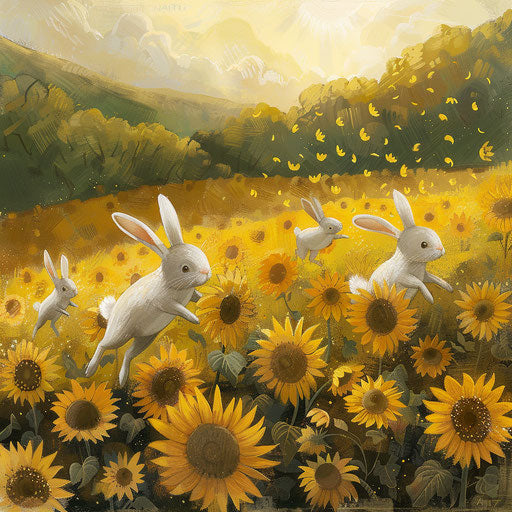 Bunnies racing in a field of sunflowers – IMAGELLA