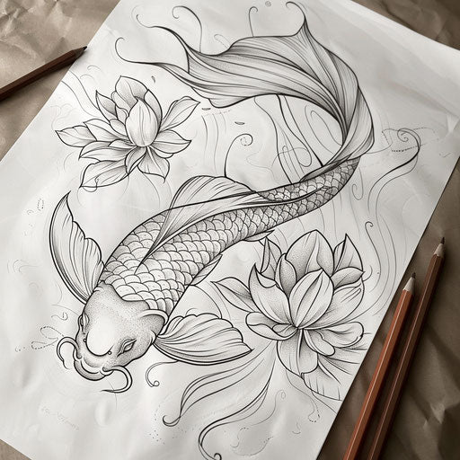 Detailed sketch of an oriental koi fish with fine line work and subtle ...