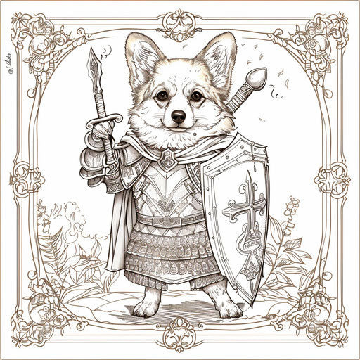 A whimsical corgi dressed as a knight with armor and a shield. Coloring ...