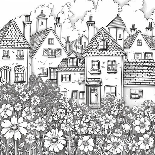 Detailed springtime village with blooming flowers. Coloring page – IMAGELLA