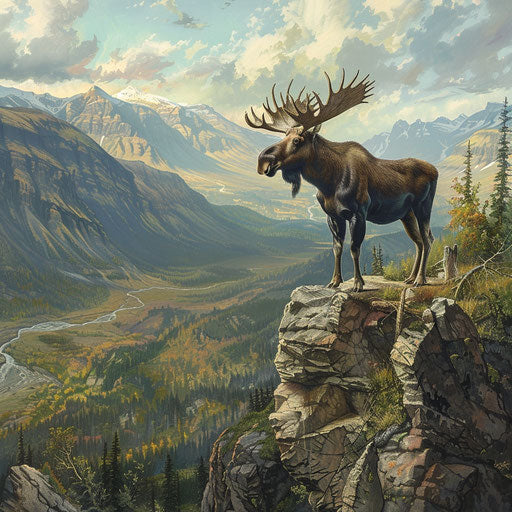 A moose on a rocky cliff overlooking a valley – IMAGELLA
