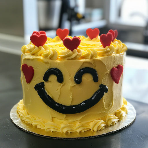 Smiling emoticon cake with yellow hearts and black smiley – IMAGELLA