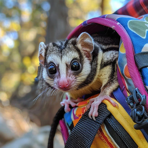 A curious sugar glider peeking out of a colorful knapsack during a ...