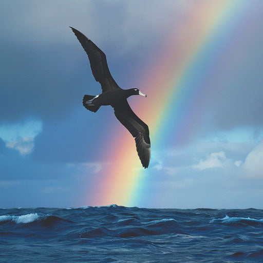 Black-footed albatross flying in front of a rainbow over the sea – IMAGELLA