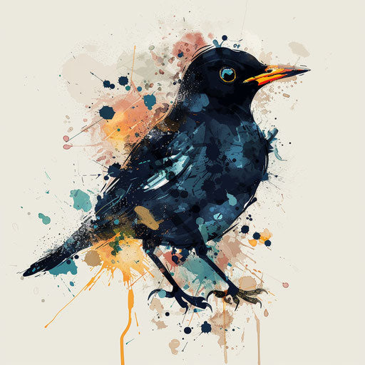 Contemporary flat tattoo sketch of a blackbird with abstract watercolor ...