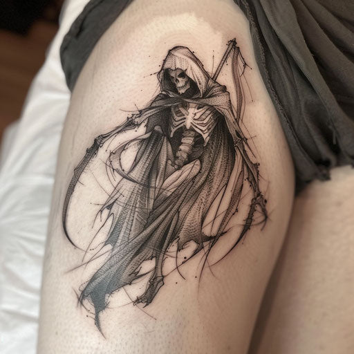 Blackwork reaper tattoo with intense shading and innovative designs ...