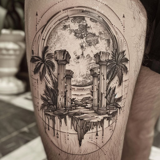Historical flat tattoo sketch of a full moon with ancient ruins and ...