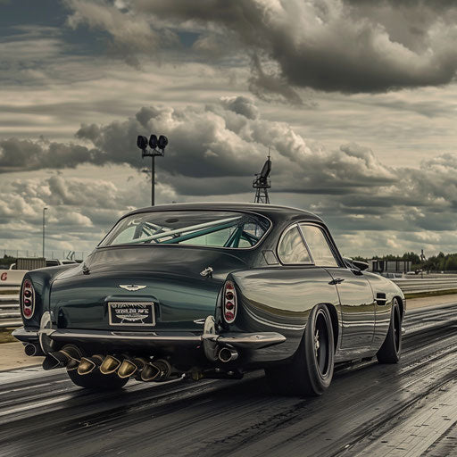 Aston Martin DB6 with oversized rear wing and drag slicks, ready to ...