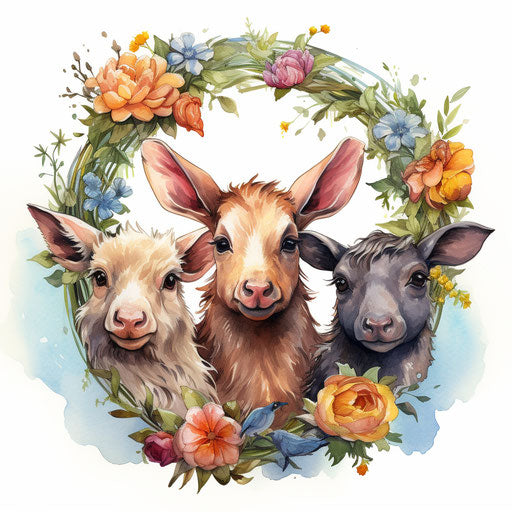 Four farm animals painting and watercolor tattoo with floral wreath and ...