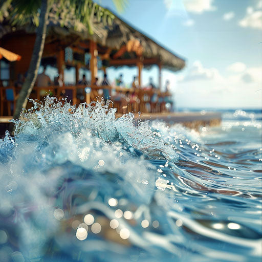 Waves crashing near a beach bar with patrons – IMAGELLA