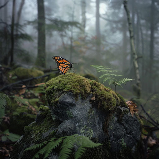 Monarch butterfly on a moss-covered rock in a misty forest – IMAGELLA