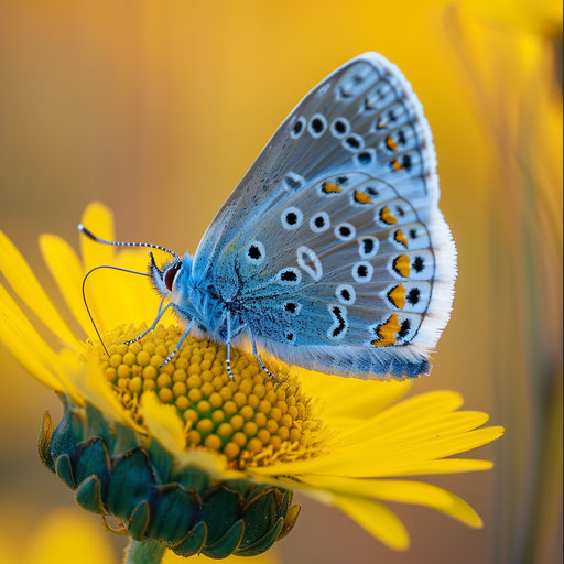 Xerces blue butterfly on yellow daisy center – IMAGELLA