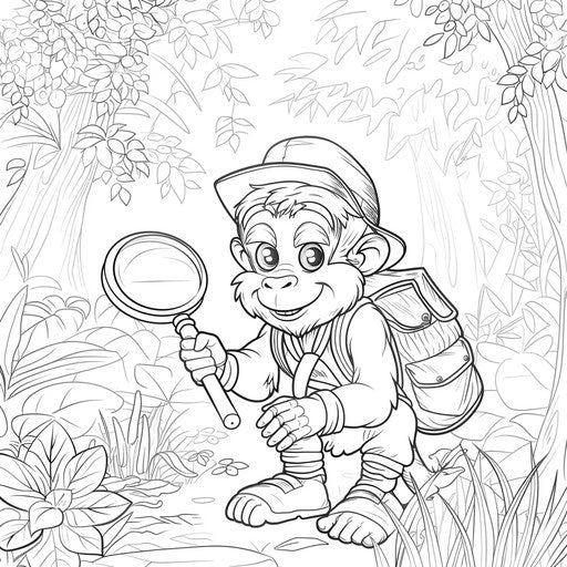 Monkey explorer with hat and magnifying glass in the jungle – IMAGELLA