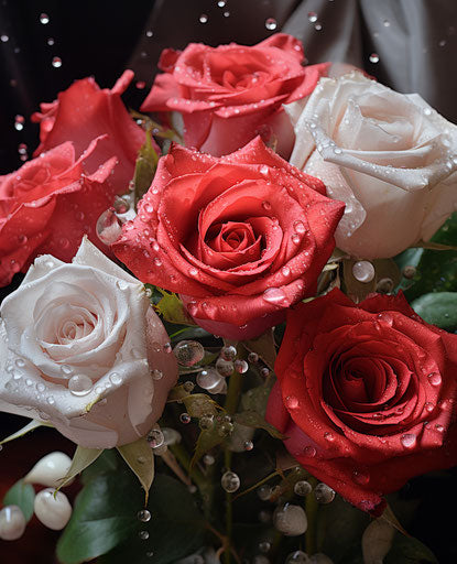 Bouquet of six roses next to other flowers – IMAGELLA