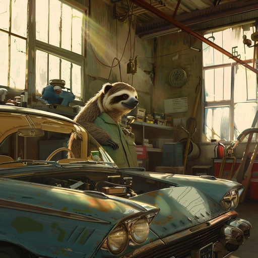 A sloth as a vintage car mechanic – IMAGELLA