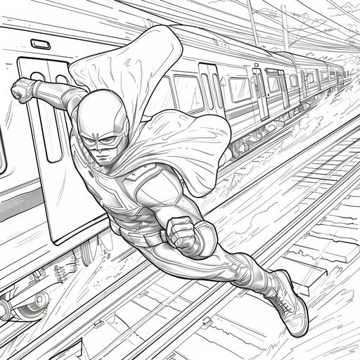 Superhero vs. speeding train, coloring page – IMAGELLA