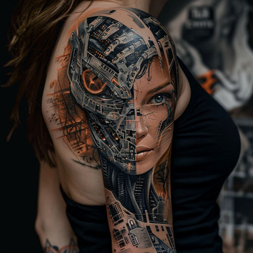 Sci-fi sleeve tattoos for women with cybernetic elements and futuristic ...