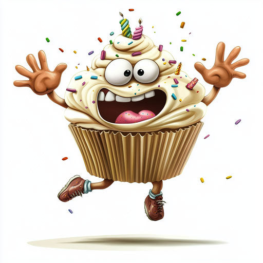 Humorous caricature of a birthday cupcake with human characteristics ...
