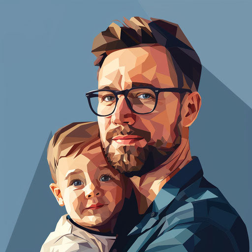 On a flat, royal blue background, a photo realistic father clipart ...