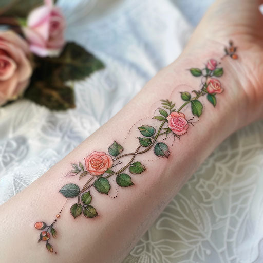Floral chain tattoo intertwining with roses and leaves, colored in soft ...