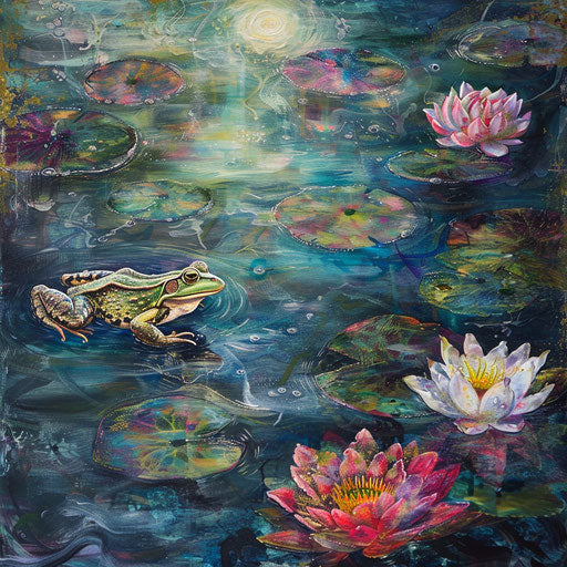 A frog's journey across a busy pond, lily pads and lotus flowers ...