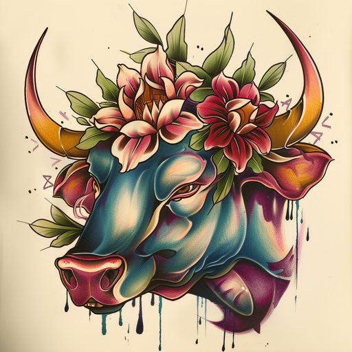 Neo-traditional bull tattoo illustration rich in colors and shading on ...