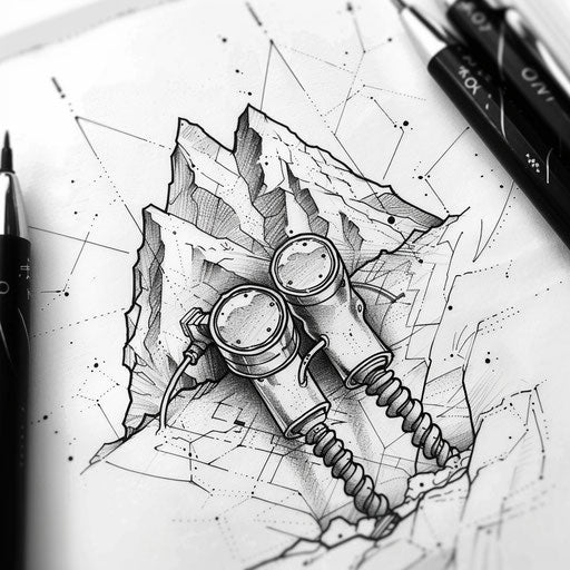 Flat tattoo sketch of a piston pushing through a rugged, textured ...