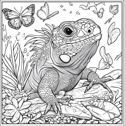 Playful iguana with butterflies, in the style of Teagan White, Coloring ...