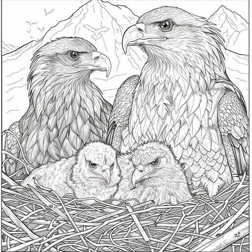 An eagle family in a nest with baby eaglets and detailed nest texture ...