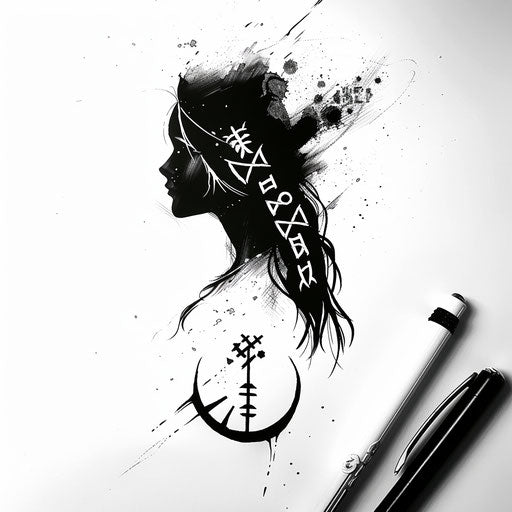 Clean flat tattoo sketch of Freya's silhouette with rune symbols – IMAGELLA