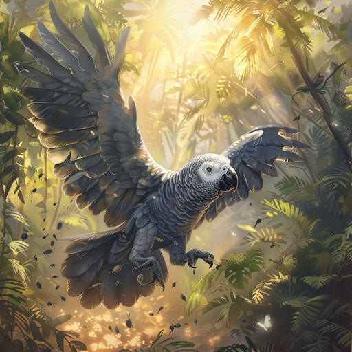 African grey parrot hunting insects in sunny wild jungle – IMAGELLA